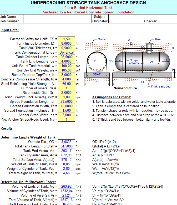 Underground Storage Tank Anchorage Design Spreadsheet