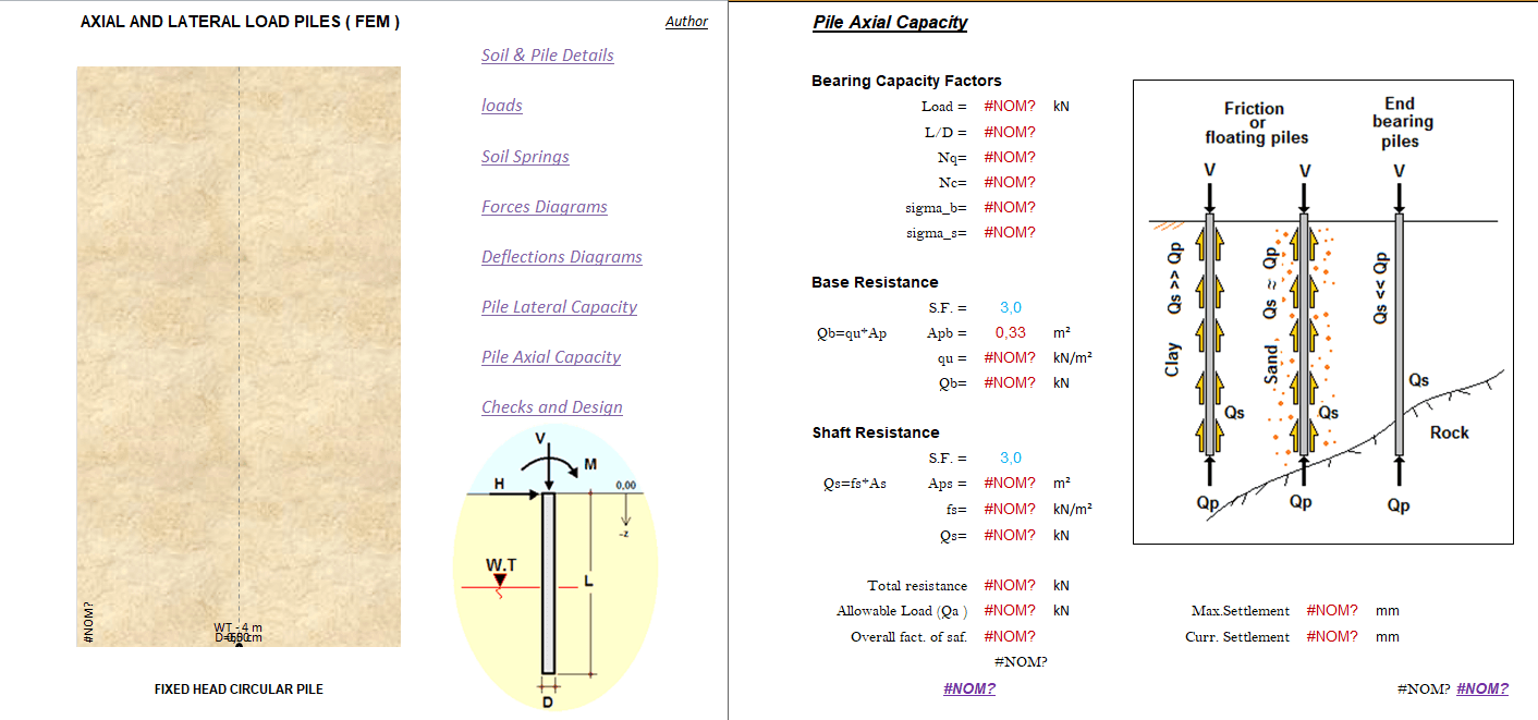 Axial and Lateral Load Piles Excel Sheet