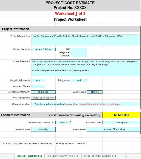 Sample Project Cost Estimate Spreadsheet Sample Project Cost Estimate Spreadsheet