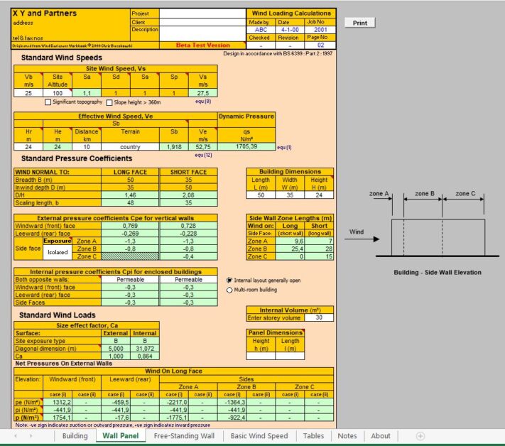 Wind Loading Calculations Spreadsheet Wind Loading Calculations Spreadsheet