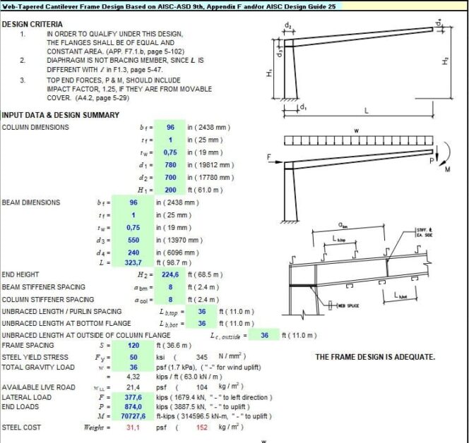 Web-Tapered Cantiliver Frame Design Spreadsheet